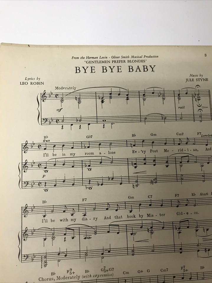 Bye Bye Baby Gentlemen Prefer Blonds Jule Styne 1949 Sheet Music | eBay