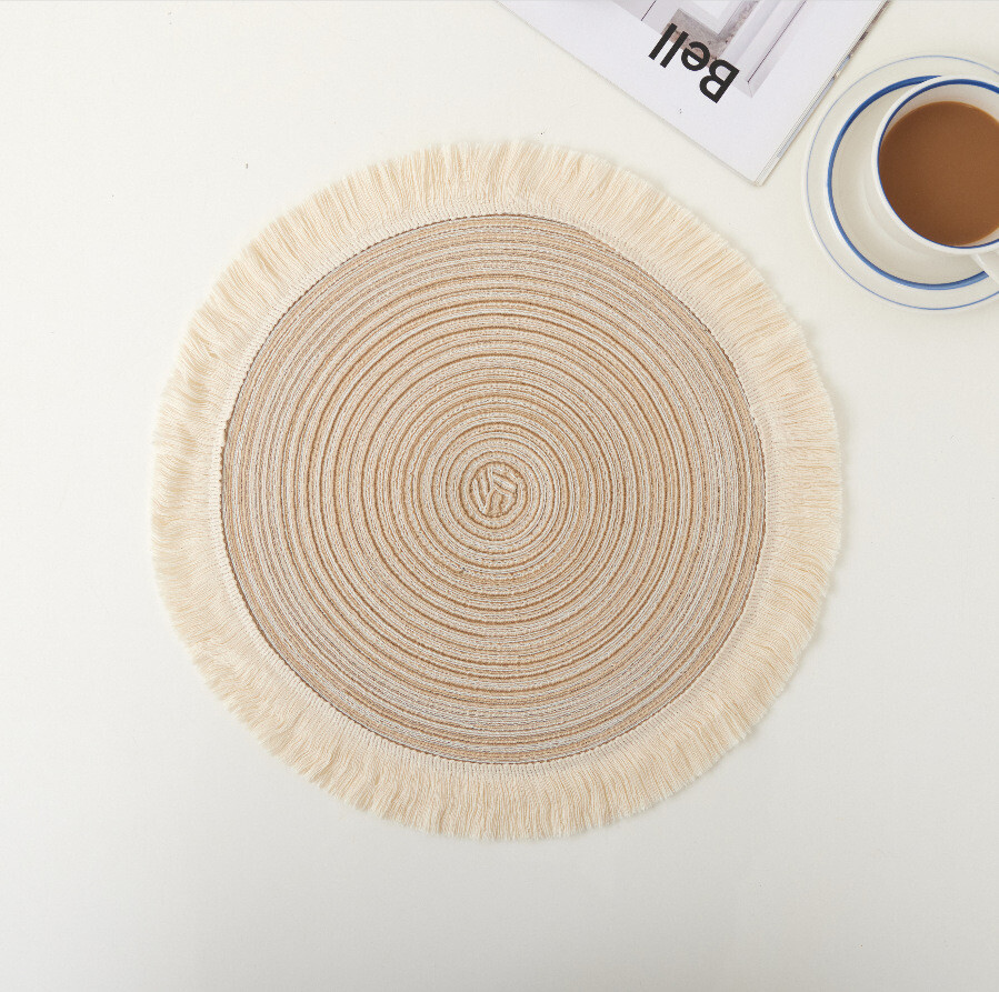 Set of 6 Burlap Round Placemats Boho Natural Jute with Fringe Rustic ...