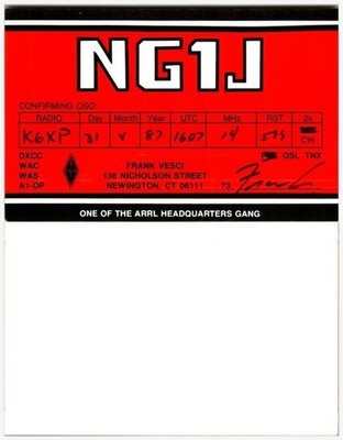 '87 QSL Card NG1J ARRL HQ K6XP CW QSO Litho DXCC WAC WAS A1 | eBay