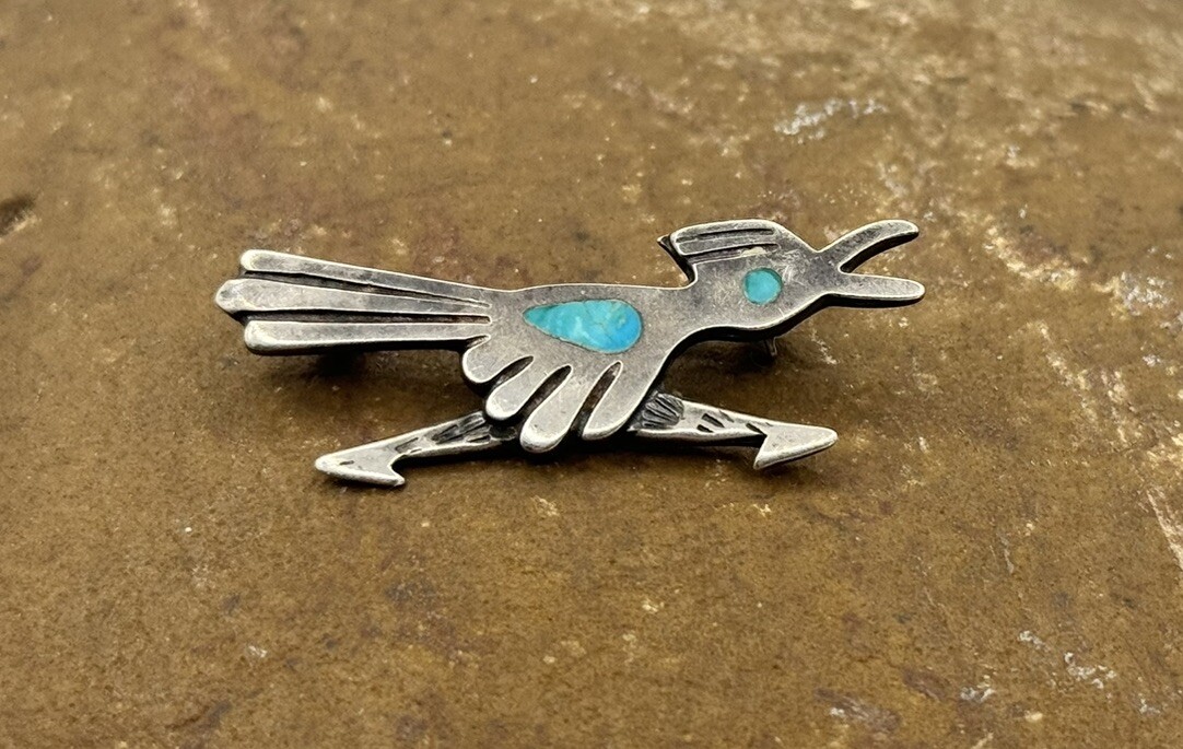 Zuni Native American Roadrunner Bird Turquoise Sterli… - Gem