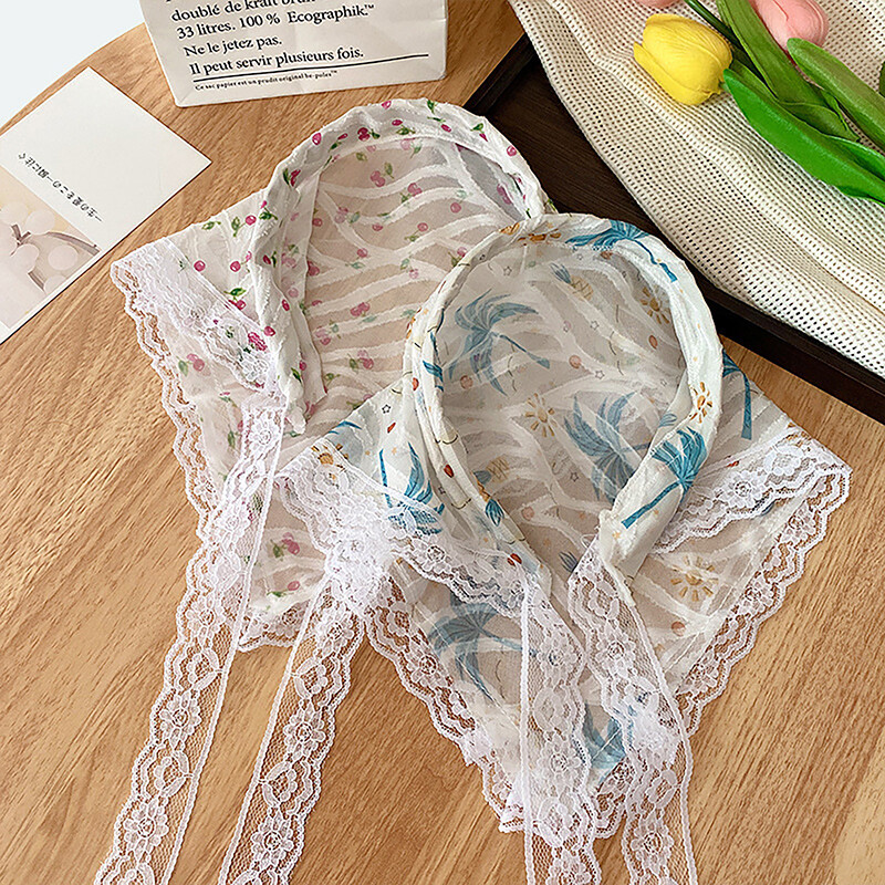 Ins Lace Hair Scarf Floral Print Transparent Headscarf Hat Retro Hair ...