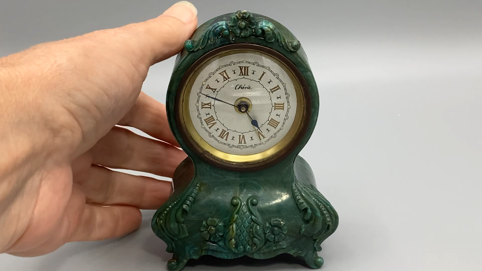 Schmid Clock Wind up Alarm Music Works Faux Jade GERMAN VTG Cherie ...