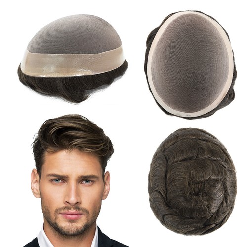 Mens Toupee Fine Mono Hair Replacement System Poly Skin Black Hair ...