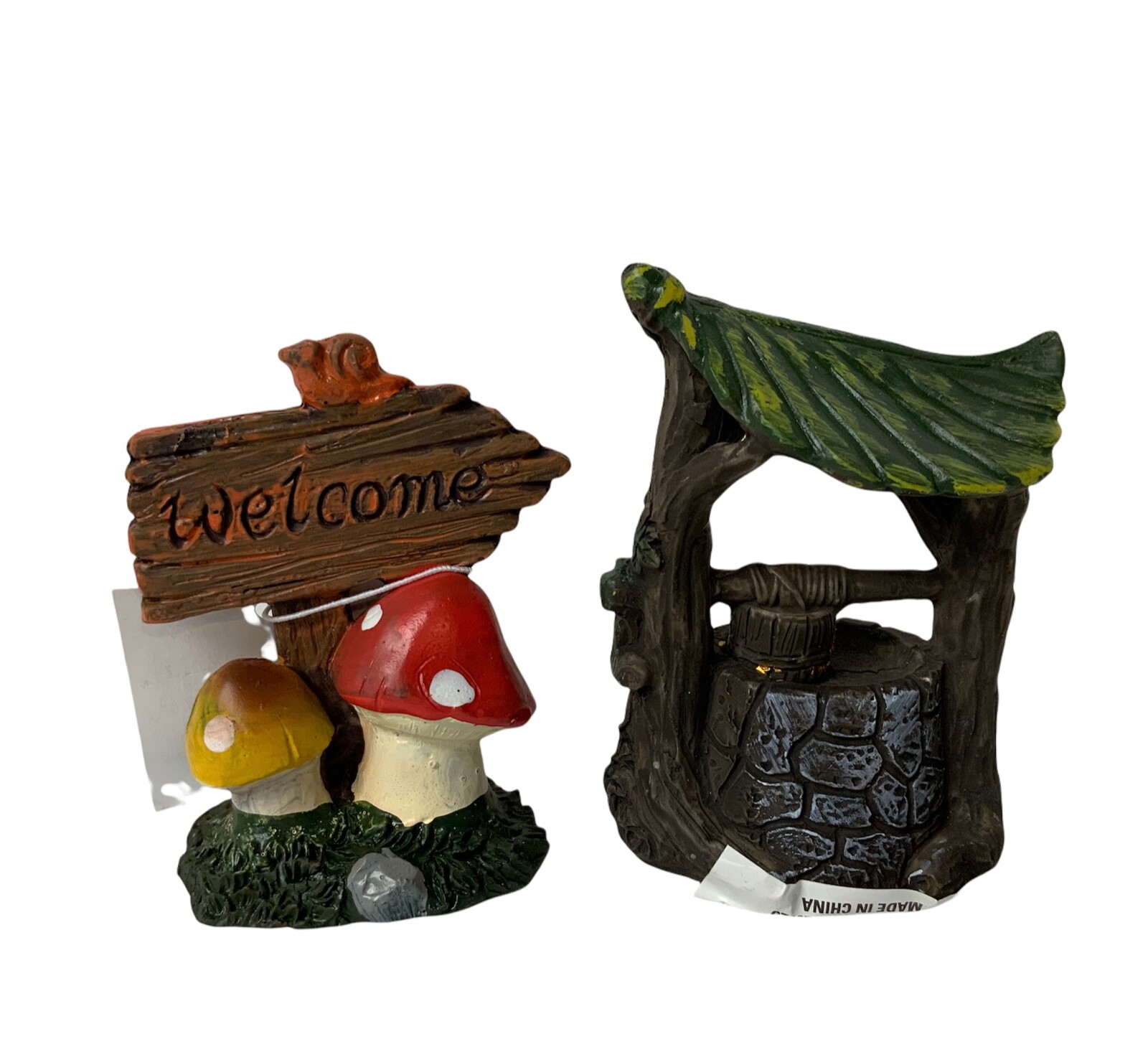 2x Fairy Garden Figurines Wishing Well and Mushroom Welcome Sign | eBay