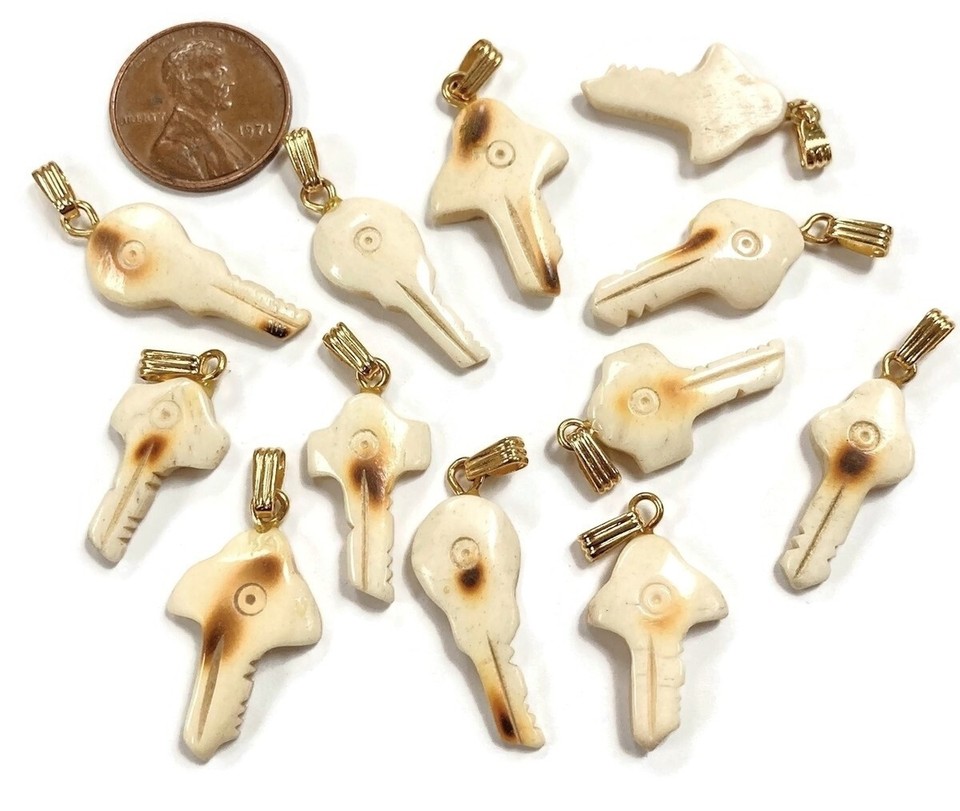 12 Vintage Genuine Cattle Bone Hand Carved Key Assorted Bead Charm ...