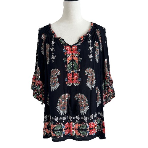 Bila Blouse Top Women Med Black Double Sleeve Ruffle Peasant Floral ...
