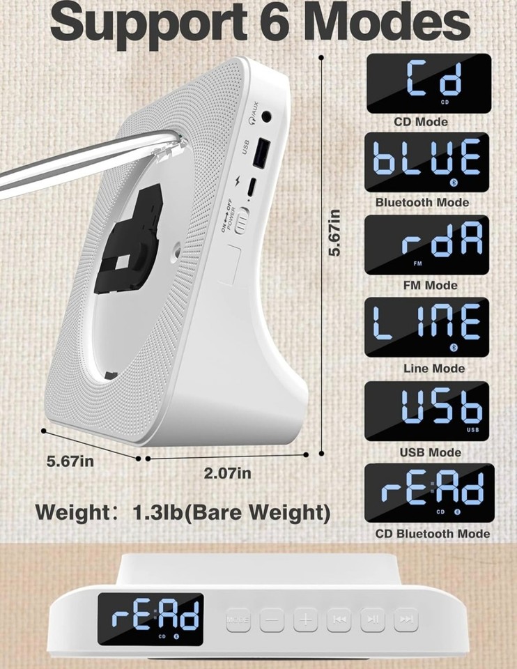 Desktop CD Player With Bluetooth Portable Personal HiFi Speaker Remote ...