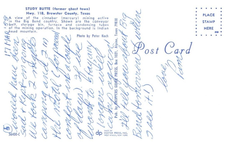 STUDY BUTTE(FORMER GHOST TOWN),HWY 118,BREWSTER COUNTY,TX.VTG POSTCARD ...