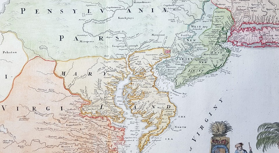 1715 Homann Large Antique Map of Colonial America Virginia Chesapeake ...