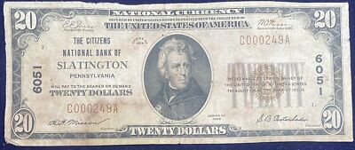 1929 Twenty Dollars $20 National Currency Note LOW SERIAL - Slatington ...