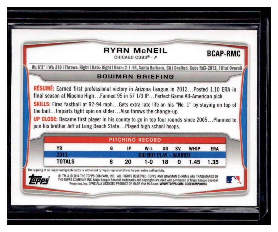 2014 Bowman Chrome Prospect Autograph #BCAPRMC Ryan McNeil Auto CUBS | eBay