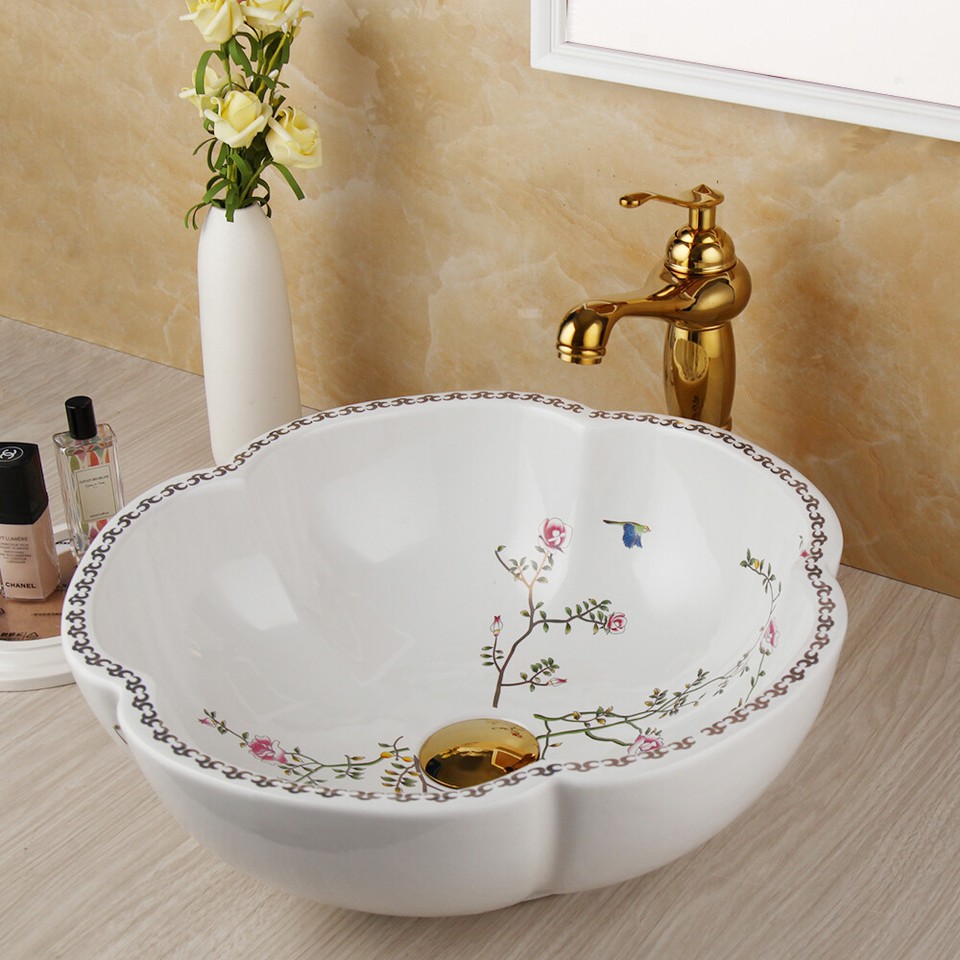Flower Shape Bathroom Ceramic Vessel Sink White Basin Bowl Combo Gold ...