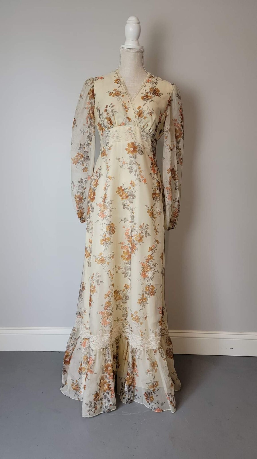 Vintage 1970s Sheer Overlay Floral Print Dress Cream … - Gem