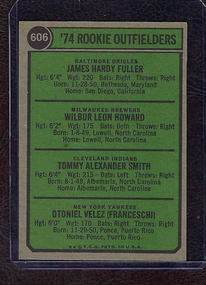 1974 Topps #606 Rookie Outfielders Fuller, Howard, Smith, Velez, EX-MT ...