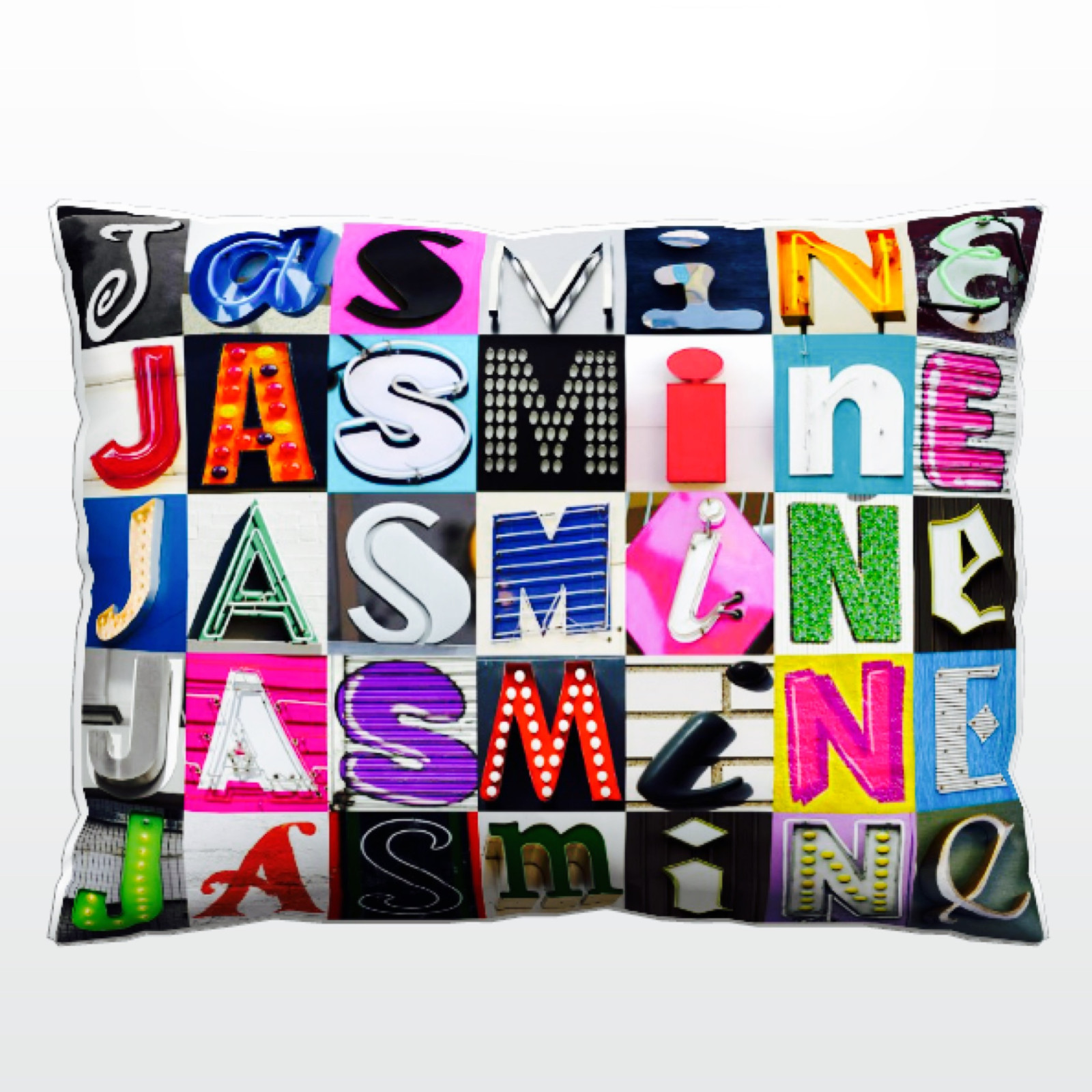 Personalized Pillow featuring the name JASMINE in photos of sign ...