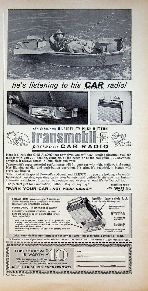 1963 Transmobil Mark 3 Portable Car Radio Vintage Print Ad Fishing Boat ...