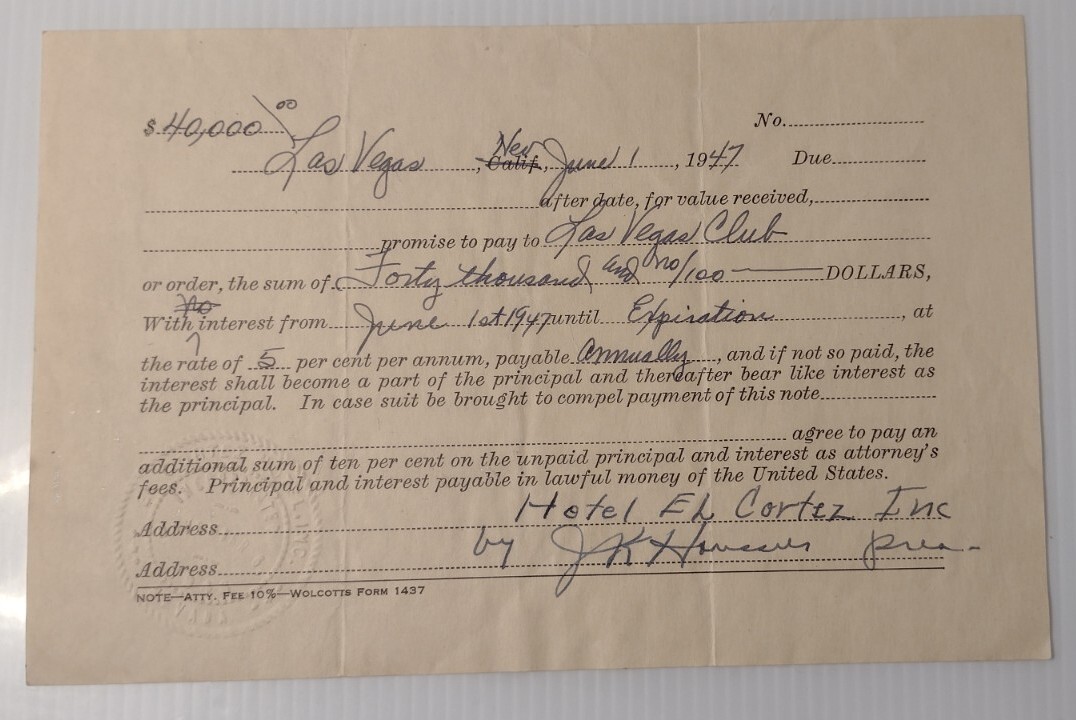 Vintage Las Vegas Club El Cortez Casino Signed Promissory Note J.K ...