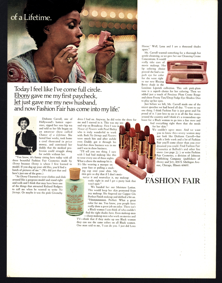 1975 BLACK AMERICANA DIAHANN CARROLL FASHION FAIR COSMETICS 2-PAGE VTG ...