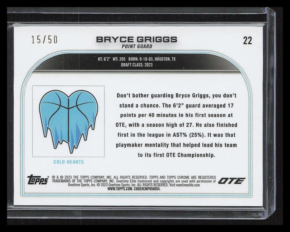 BRYCE GRIGGS 2023 Topps Chrome Overtime Elite Gold Refractor 15/50 Cold ...