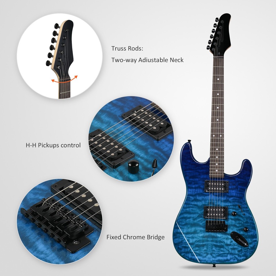 Full-Size Blue Burst Electric Guitar with Flame Maple Veneer Top and HH ...