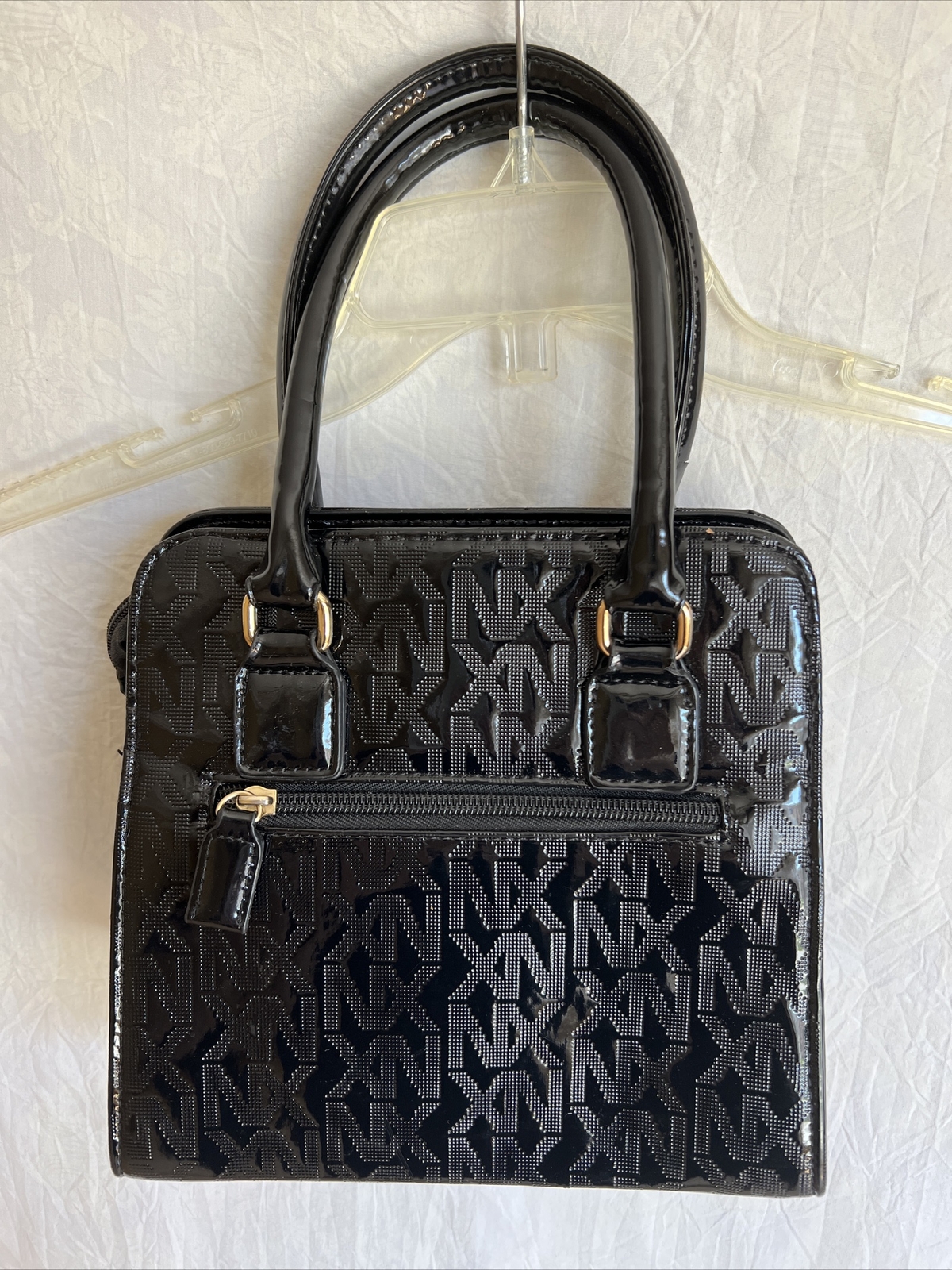 Noble Exchange Purse, faux patient leather, 9x8x4. Black, gold hardware ...
