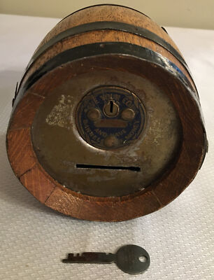 VINTAGE WOODEN KEG BANK "SAVE YOUR COINS & HAVE A BARREL OF MONEY" W ...