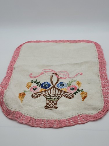 Vintage Side Table Vanity Cloth Scarf Embroidered Pink Edge Flower ...