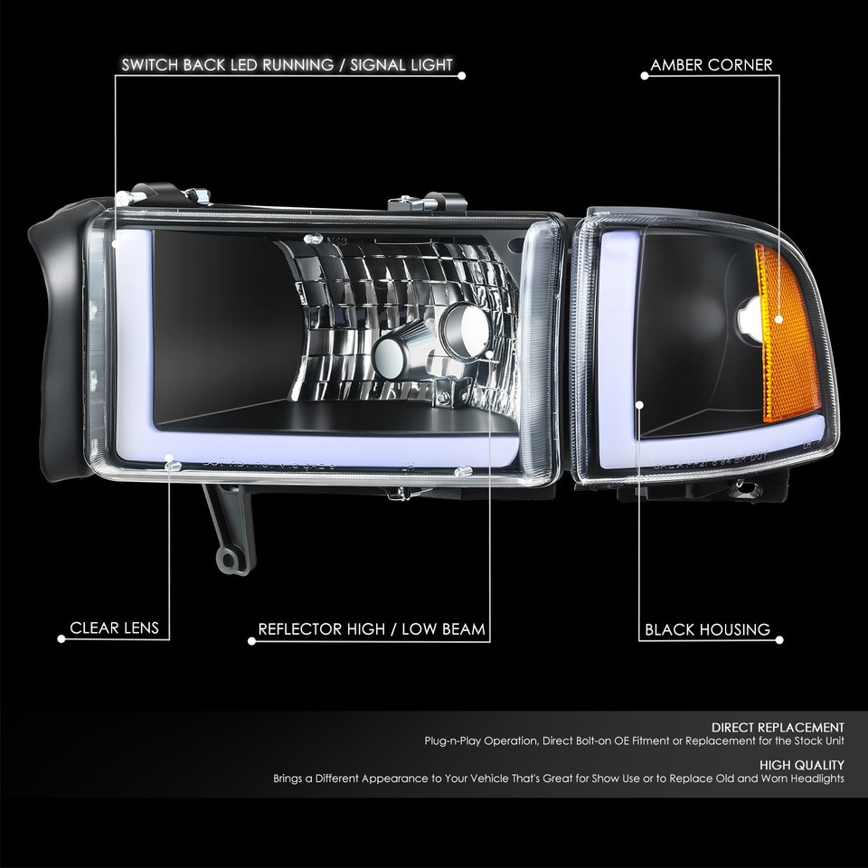 1994-2002 Dodge Ram 1500-3500 Switchback Dual L-LED DRL Headlights ...