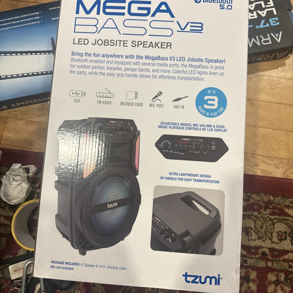 Tzumi Mega Bass Music MEGA BASS V3 LED Display Jobsite Speaker Black ...