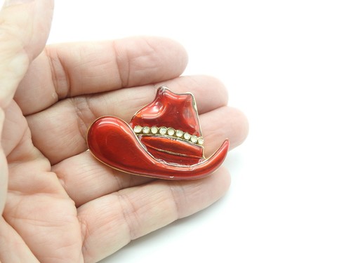 Red White Enamel Glitter Gold Tone Metal Cowboy Hat Brooch Vintage | eBay