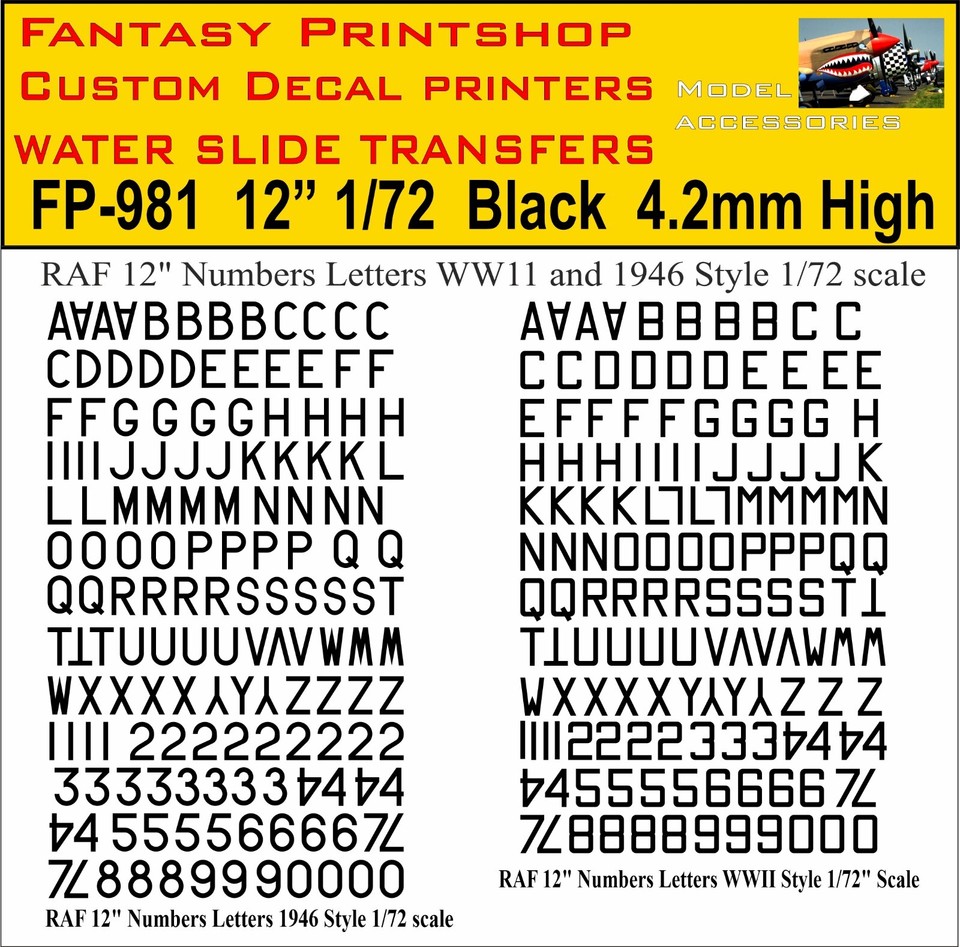 RAF 15" LETTERS NUMBERS WATER SLIDE TRANSFERS MODEL KIT DECALS FP-982 ...