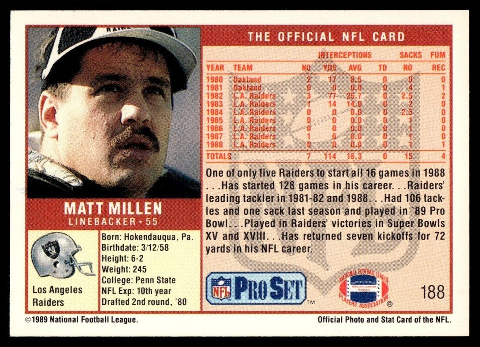 1989 Pro Set Matt Millen Los Angeles Raiders #188 | eBay
