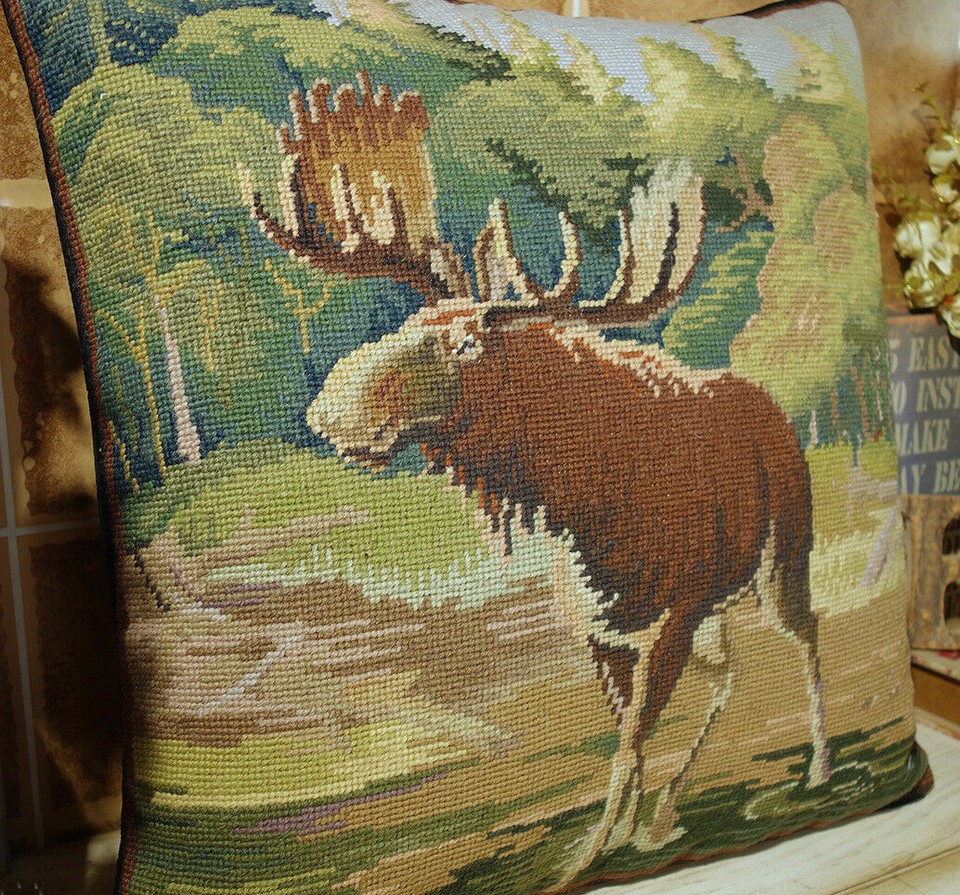 18" Beautiful Tapestry Needlepoint Throw Pillow Cushion Moose Fall ...
