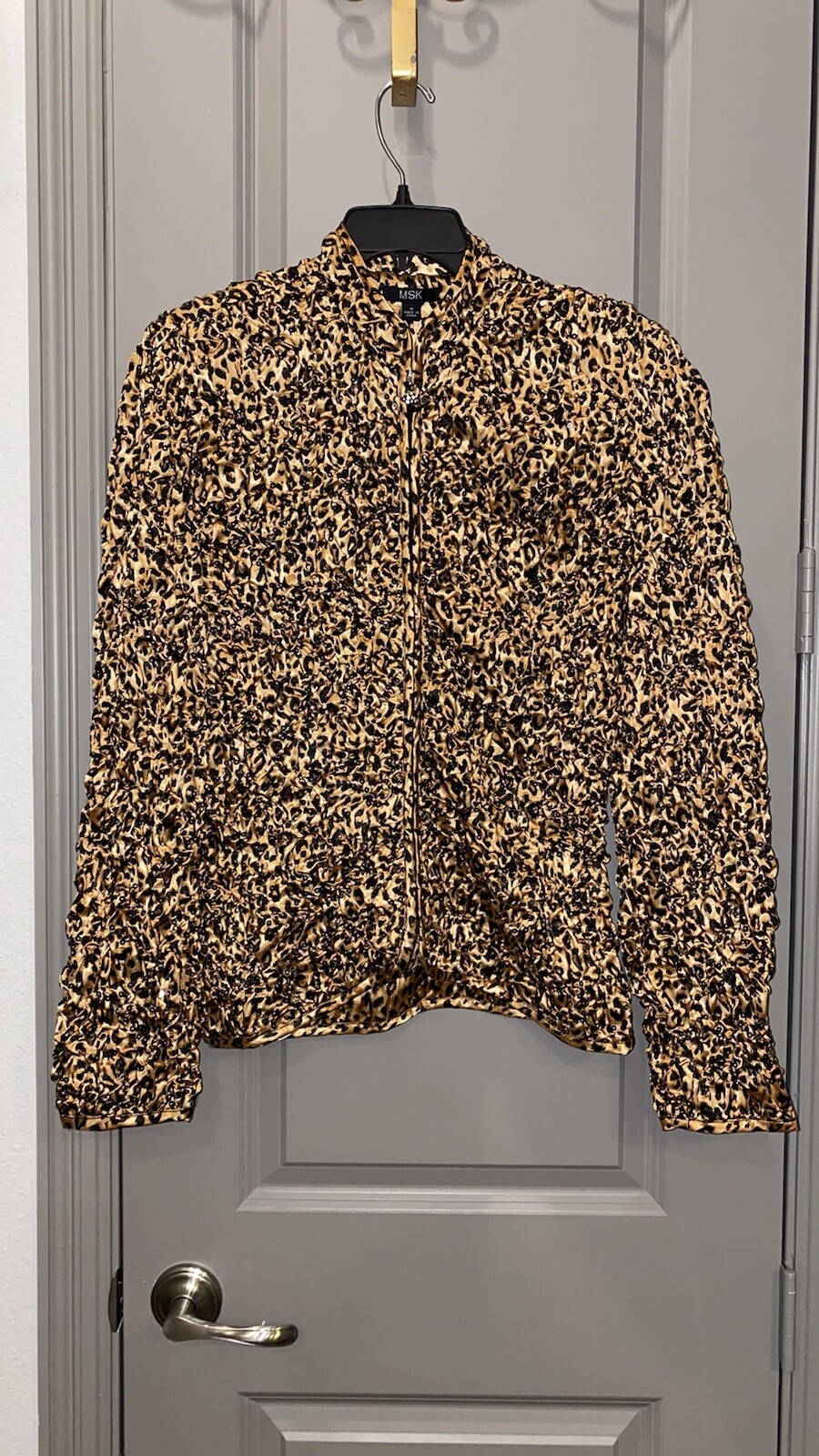 MSK Leopard Print Scrunched Ruched Zip Up Jacket M - Gem