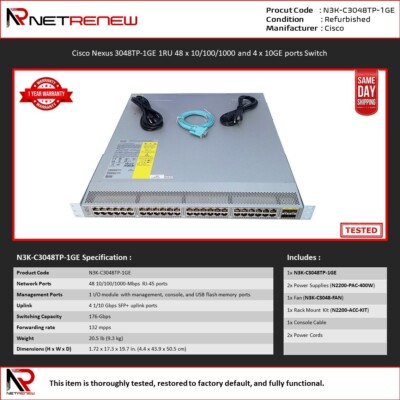 Cisco Nexus N3K-C3048TP-1GE 48x 1GB RJ-45 4x 10GB SFP+ B-F Airflow ...