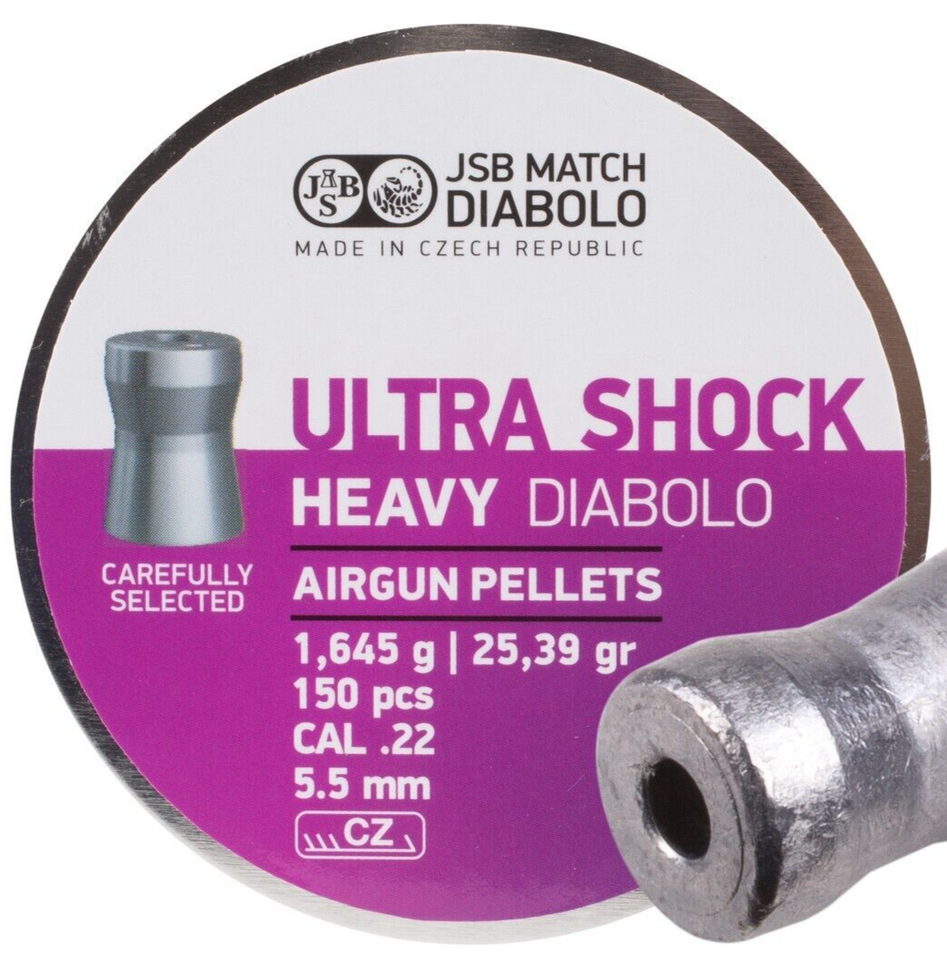 JSB ULTRA SHOCK 150 Count Cylindrical Hollow Point 5.5mm .22 Caliber ...