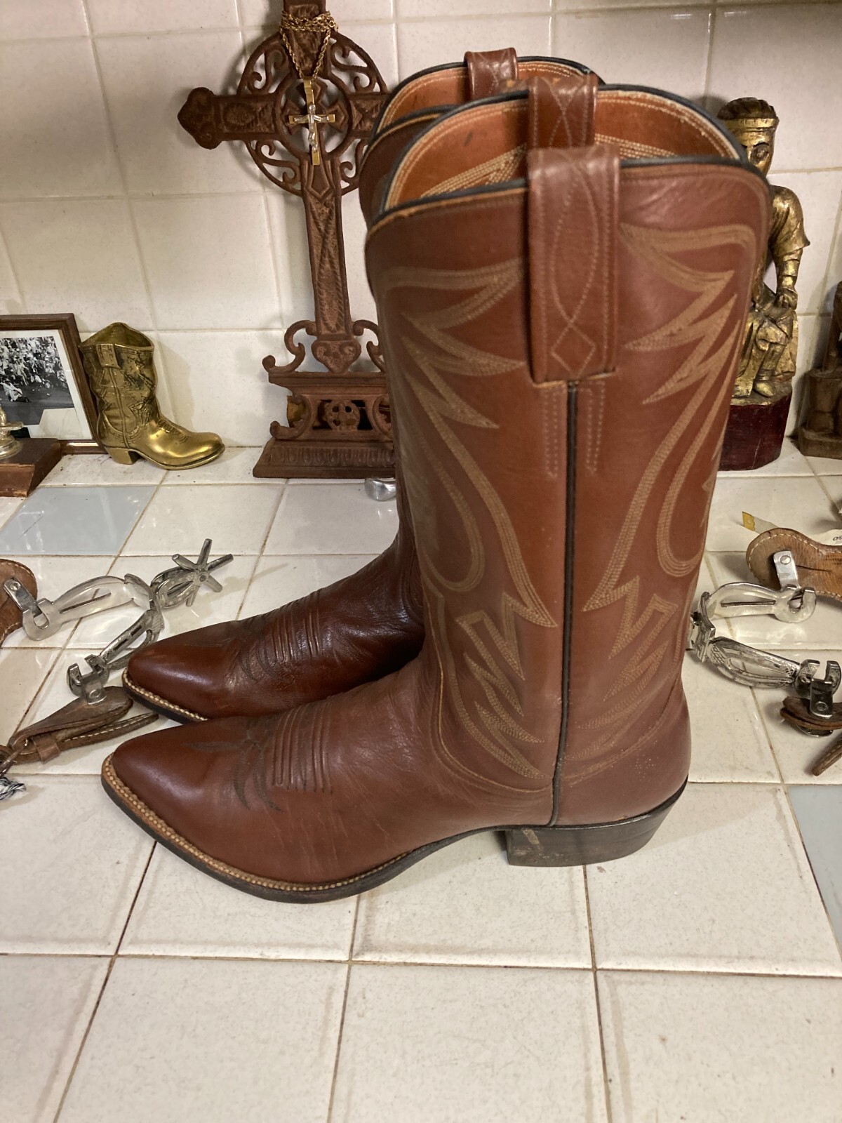 CUSTOM SHOPWESTERN COWBOY POINTED TOE VINTAGE USA BROWN TRUCKER BOOTS 7 ...