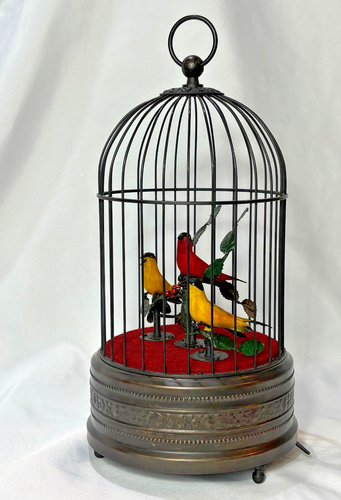 Vtg Automaton Three Singing Birds In A Cage Wind Up Chirping Music Box ...