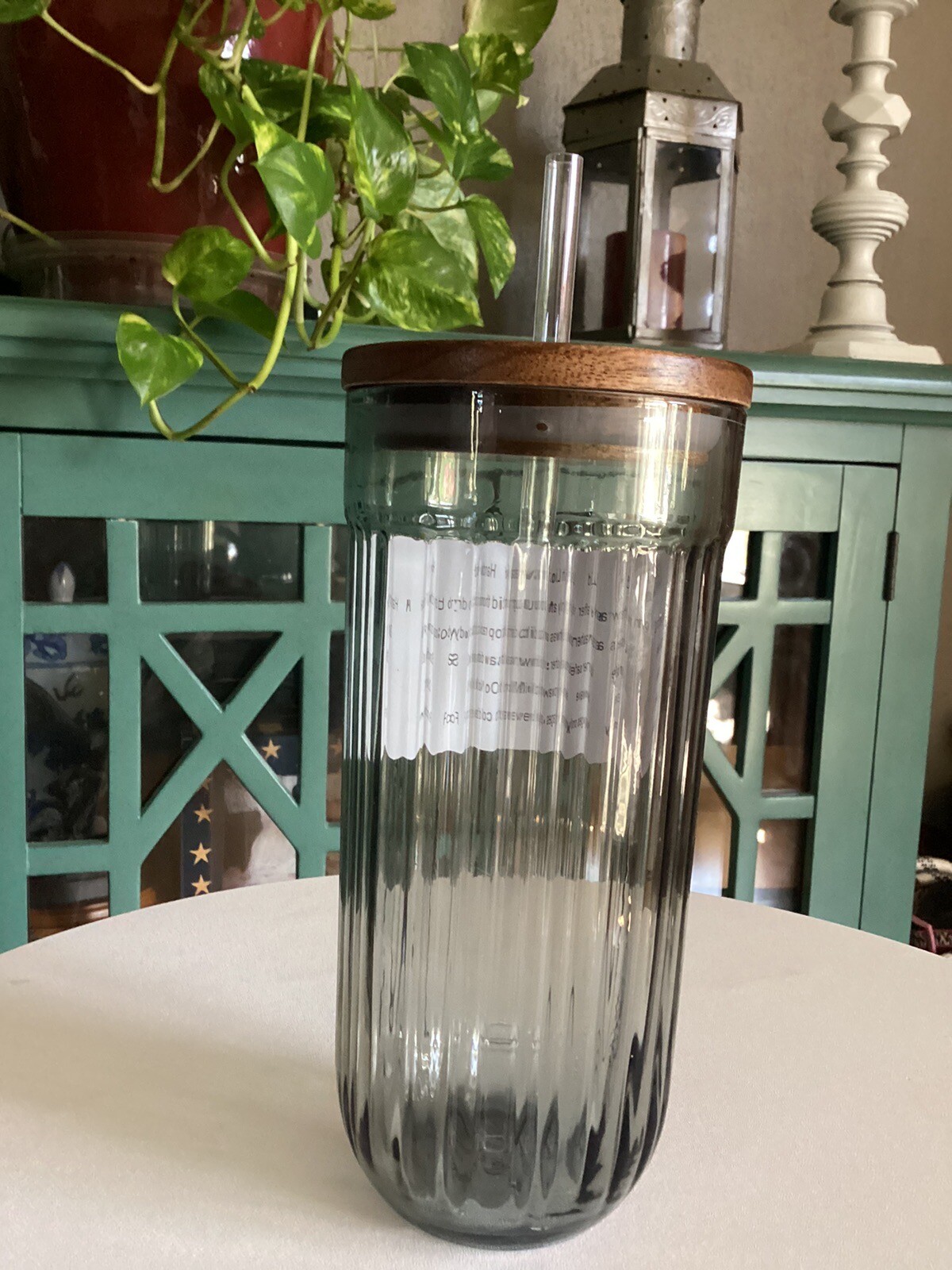 21oz Fluted Glass Tumbler with Wood Lid Soda Lime - Hearth & Hand™ with ...