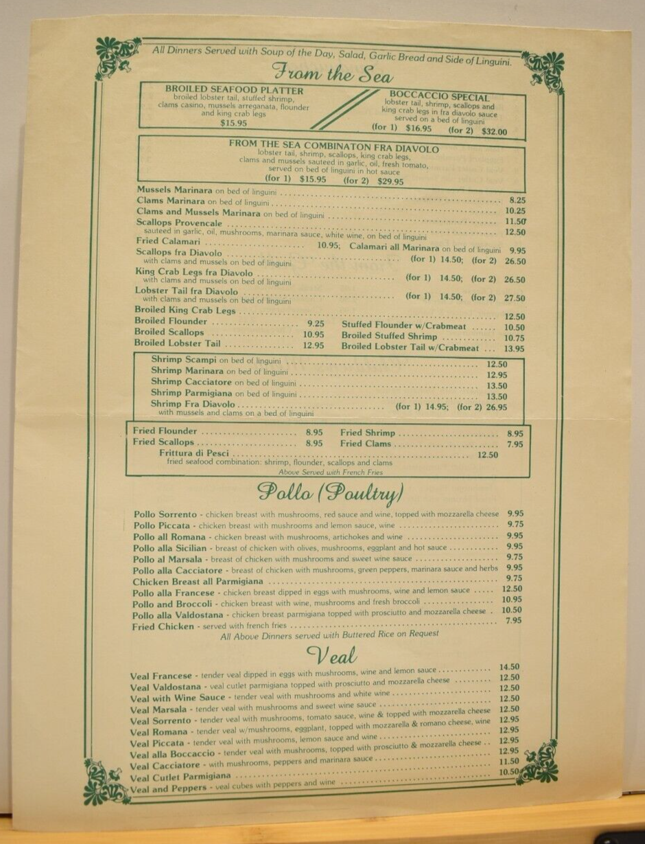1980s Boccaccio 70 Ristorante South Italian Restaurant Menu Camden New ...