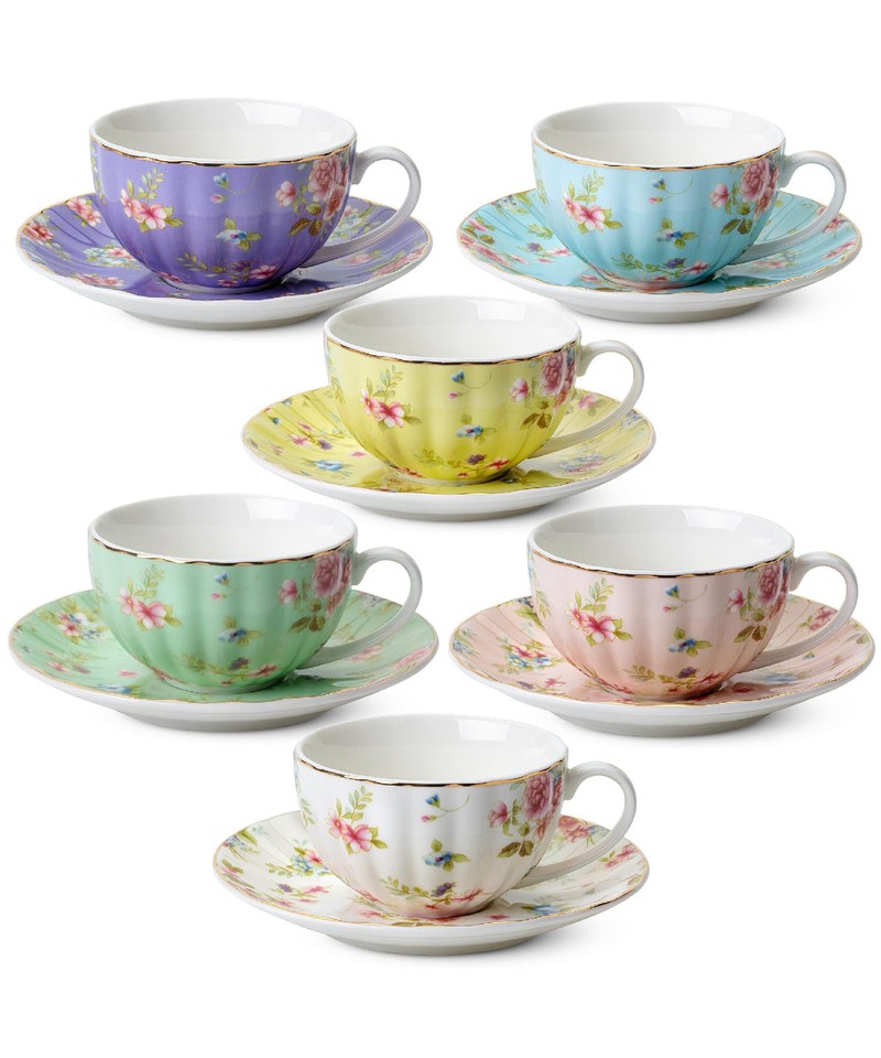 BTaT- Tea Cups and Saucers Set of 6, Tea Set, Floral Tea Cups (7oz ...
