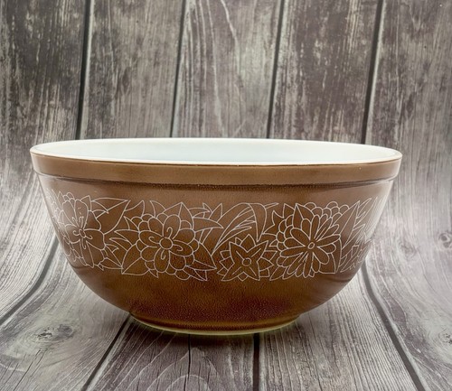 Vintage Brown Pyrex Woodland Mixing Bowl #403 White Flowers & Ferns 2.5 ...