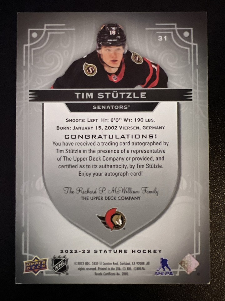 2022-23 Upper Deck Stature Tim Stutzle Auto Autograph | eBay