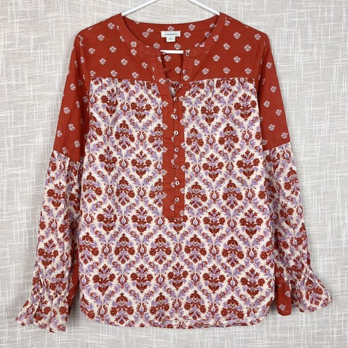 Sundance Patchwork Orange Print Long Sleeve Explorer Henley Blouse Top ...
