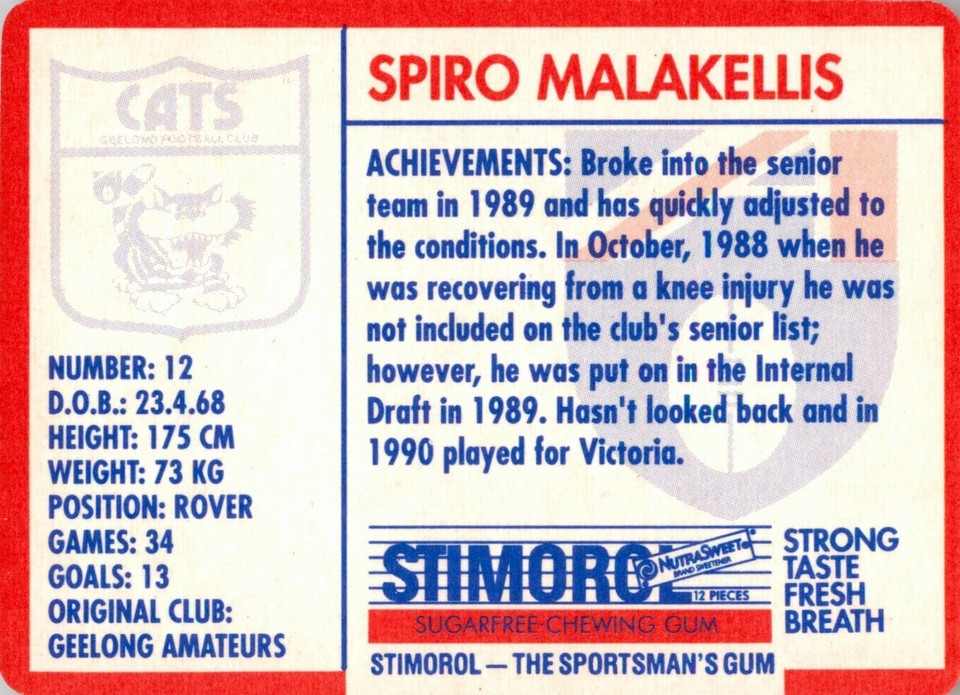 1991 GEELONG CATS AFL Card SPIRO MALAKELLIS Scanlens | eBay