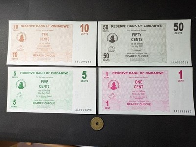 Zimbabwe Old Banknotes 4pcs BC Series, 50¢-1¢, Collector's Unused ...