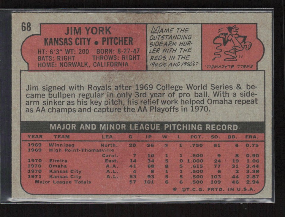 1972 Topps #68 Jim York | eBay