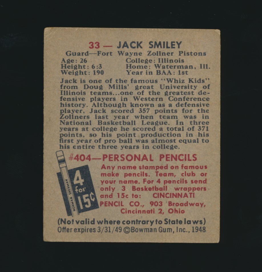 1948 Bowman Basketball -#33 JACK SMILEY (Ft Wayne Zollner Pistons ...