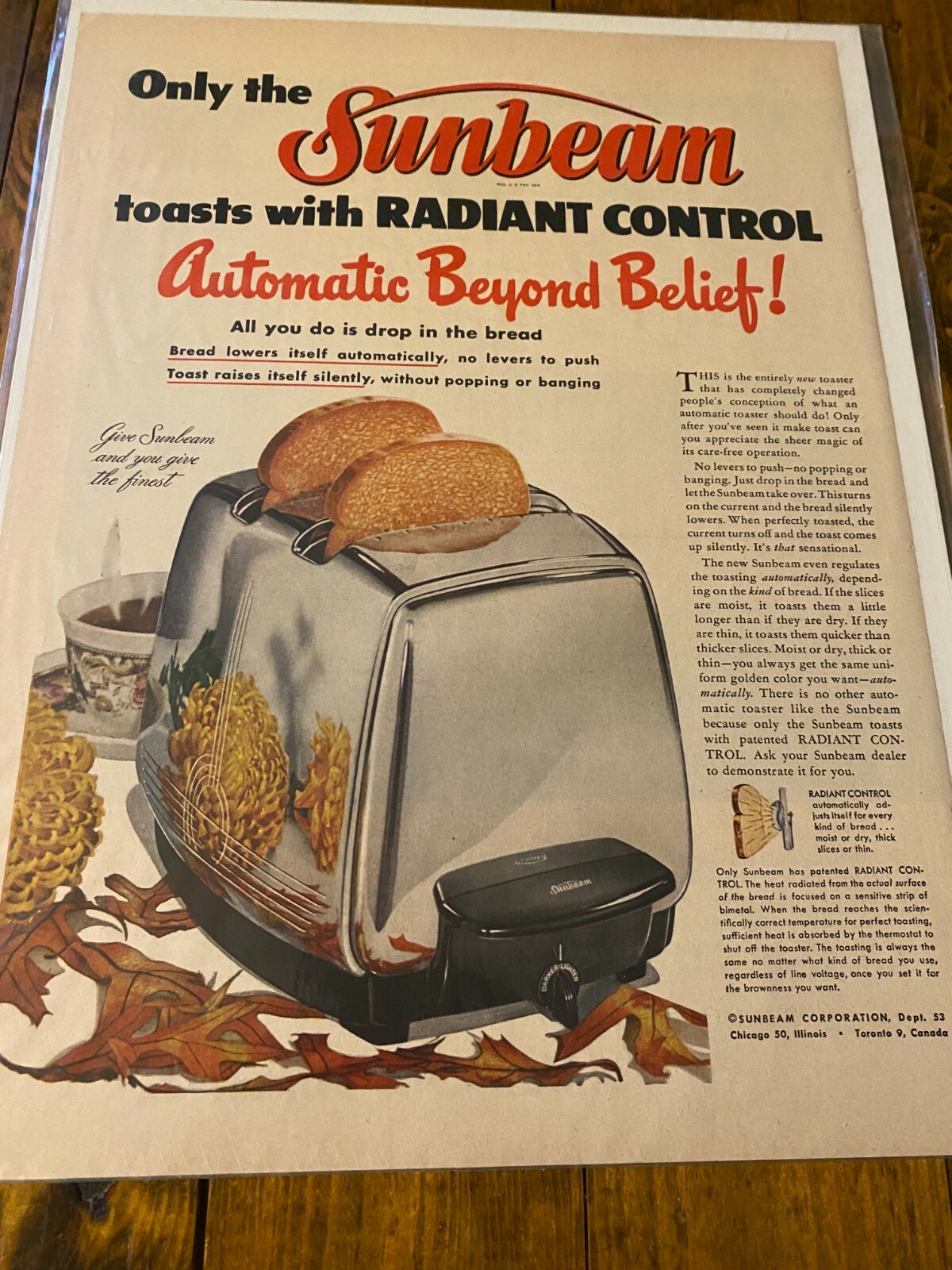 Vintage 1951 Sunbeam Radiant Control Toaster Fall Theme ad | eBay