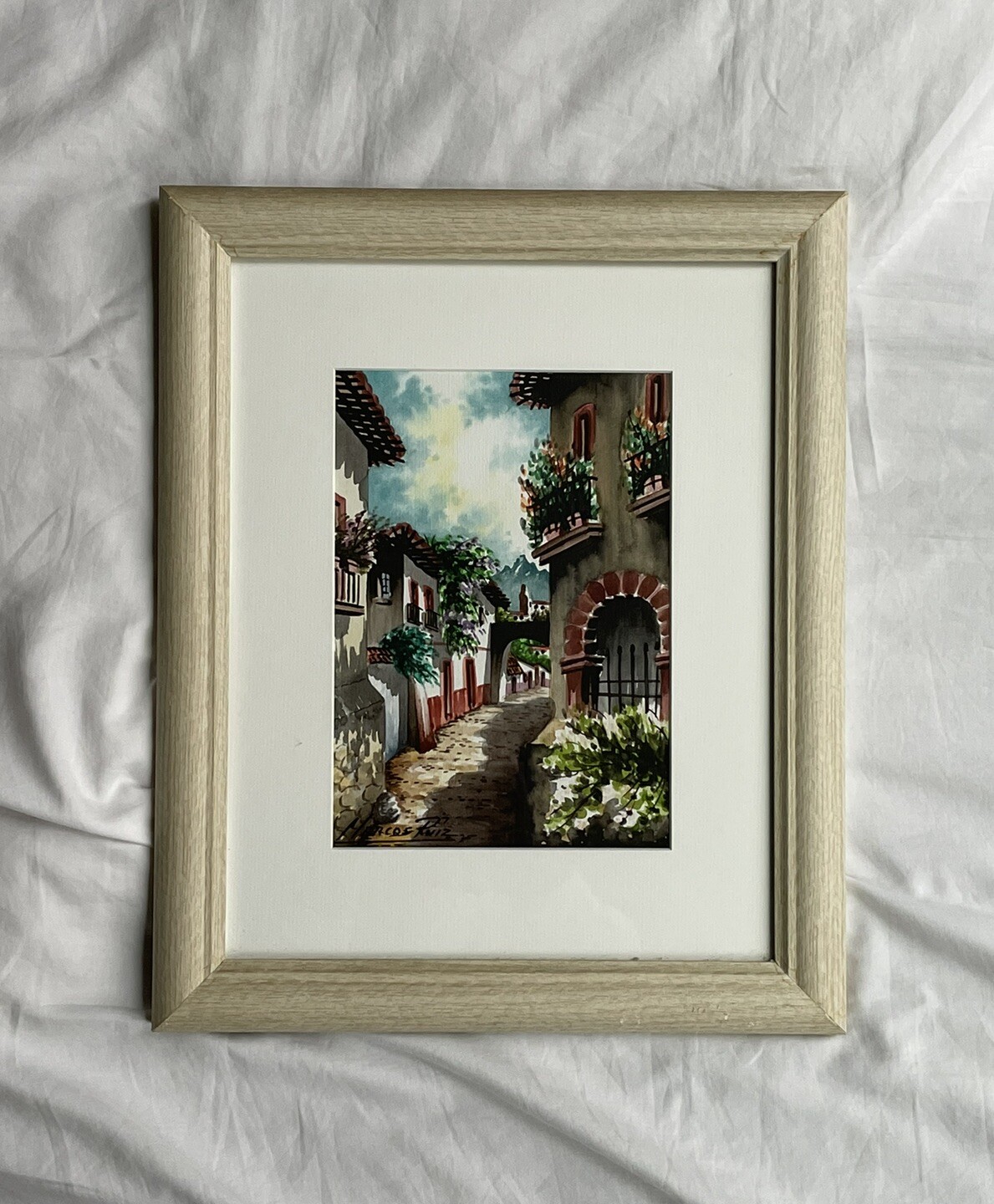 Marcos Ruiz Watercolor Painting “Mexican Town Street Scene" - Signed ...